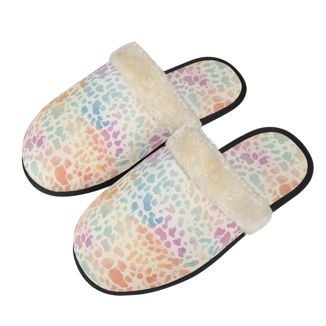 Rainbow Leopard Slippers Plush Cheetah Print Slippers Lightweight Warm ...