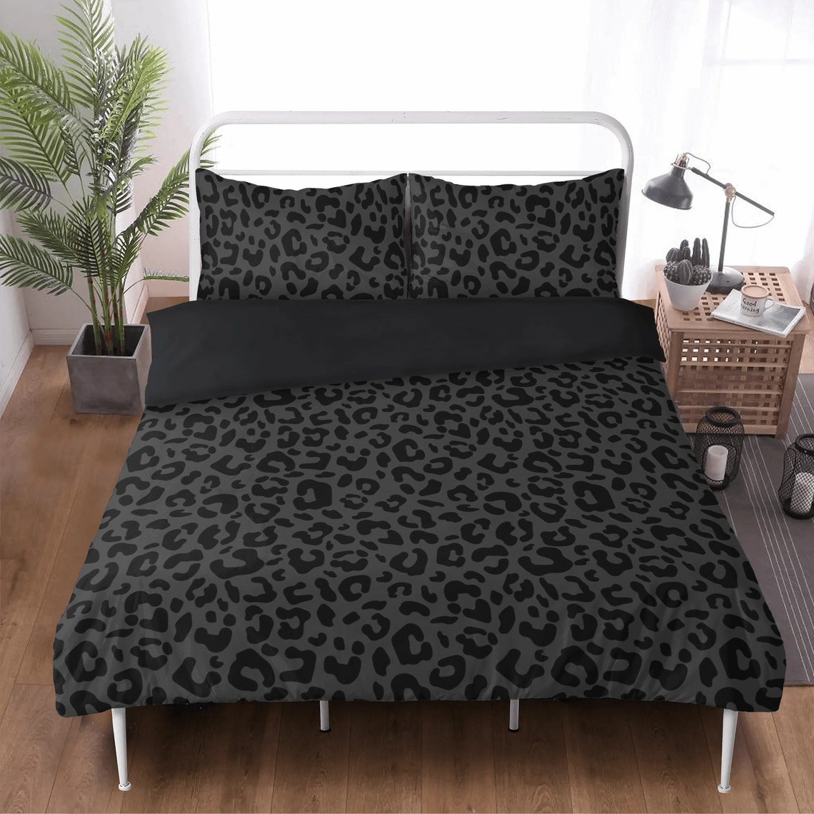 Black Leopard Print Duvet Cover & 2 Pillowcases Black and Grey Cheetah ...