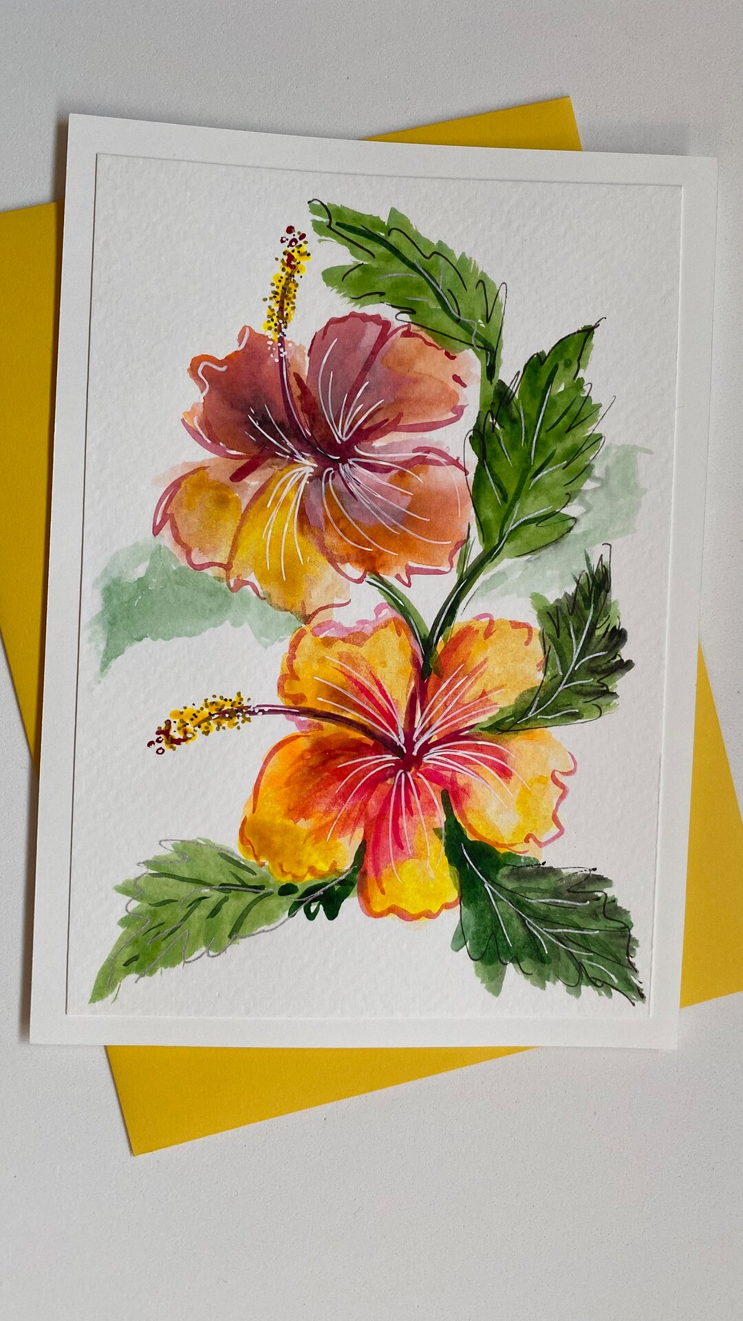 Tarjetas FLOR DE CAYENA Pintada a Mano En Acuarelas De Forma Genuina Y ...