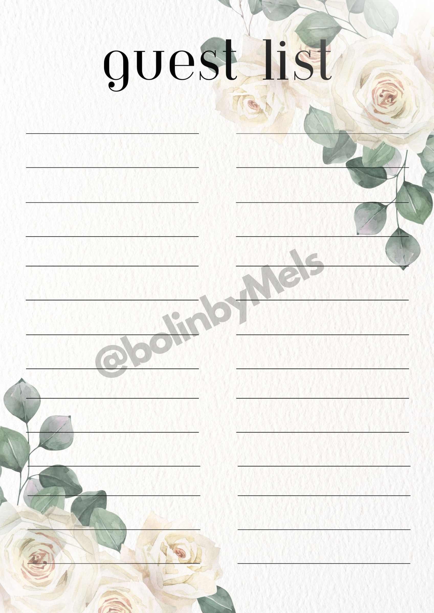 White Floral Printable Guest List Instant Download Comes in - Etsy
