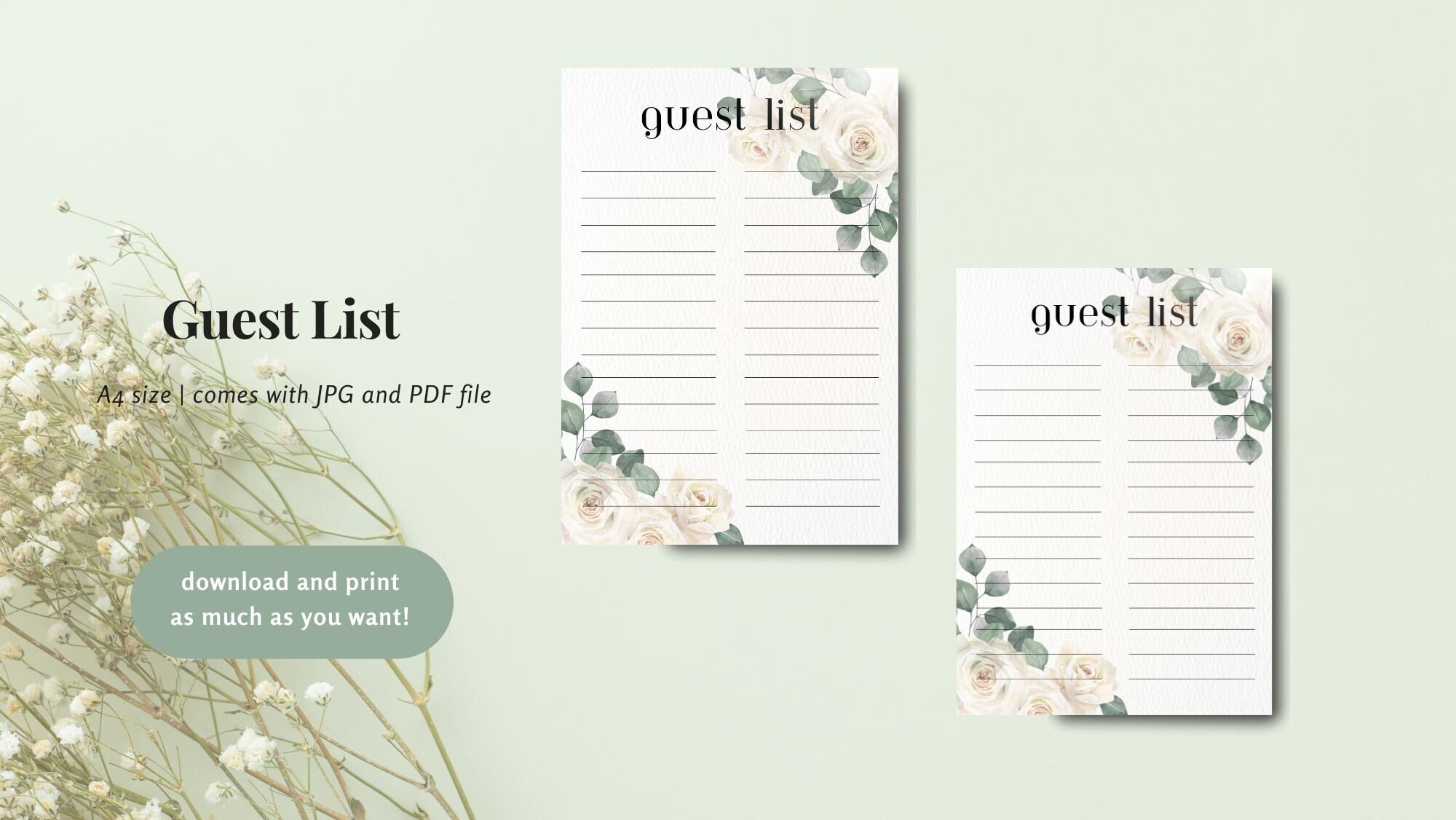 White Floral Printable Guest List Instant Download Comes in - Etsy