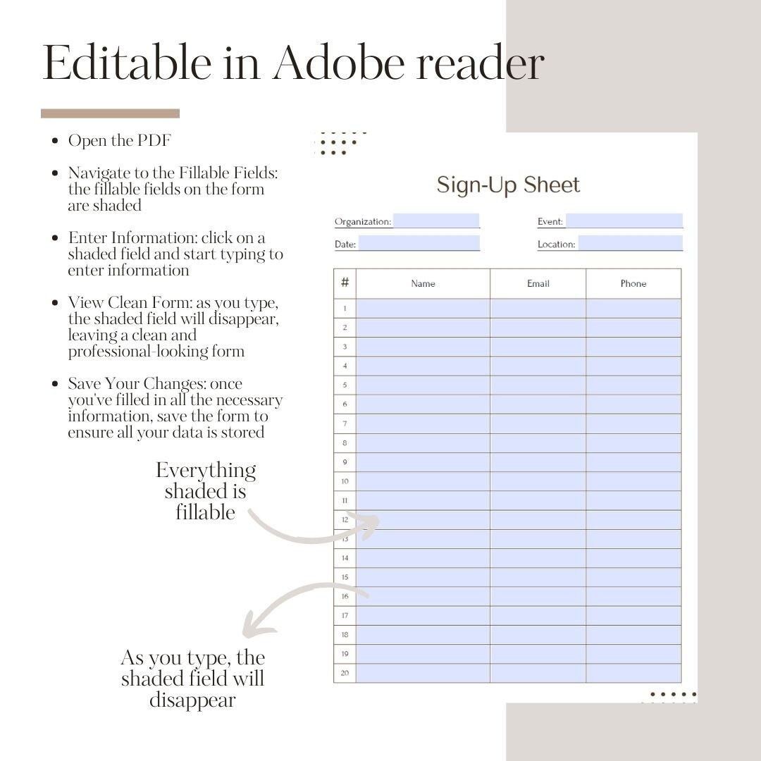 Fillable and Printable PDF Sign-up Sheet Template - Etsy