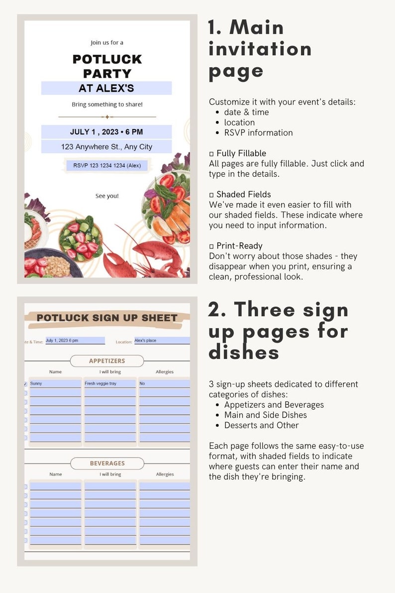 Potluck Sign up Sheets: Printable and Fillable PDF - Etsy