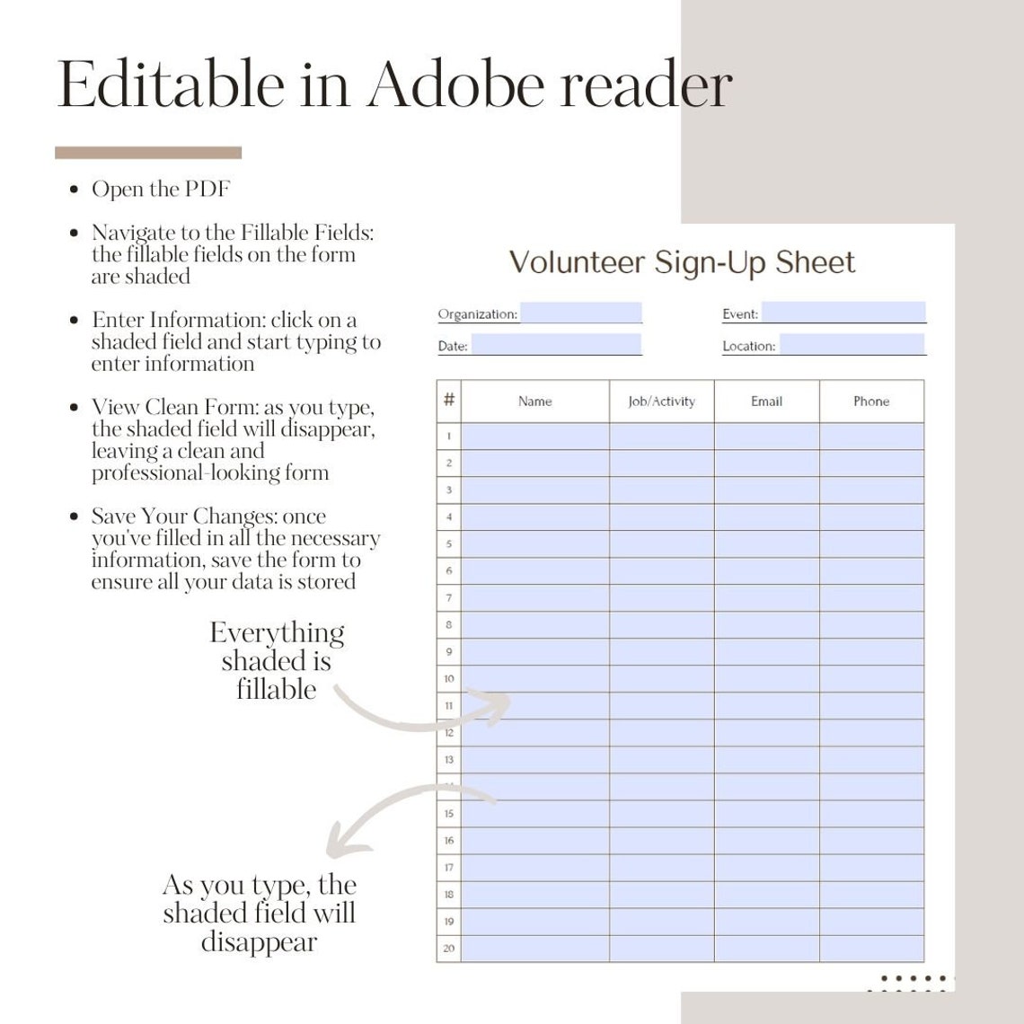 Fillable and Printable PDF Volunteer Sign-up Sheet Template - Etsy