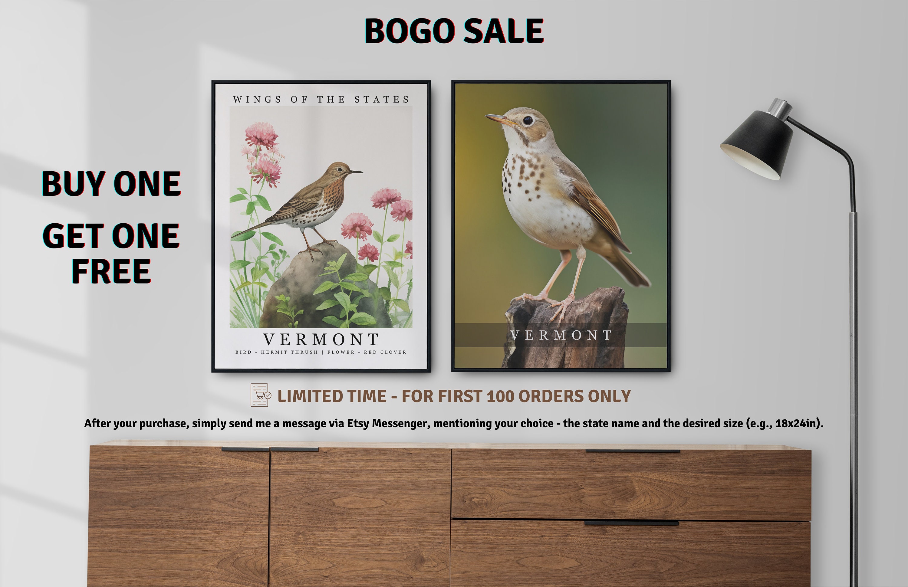 Vermont State Bird Hermit Thrush and State Flower Red - Etsy