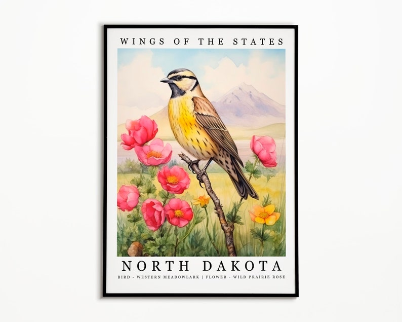 North Dakota State Bird Western Meadowlark and State Flower - Etsy