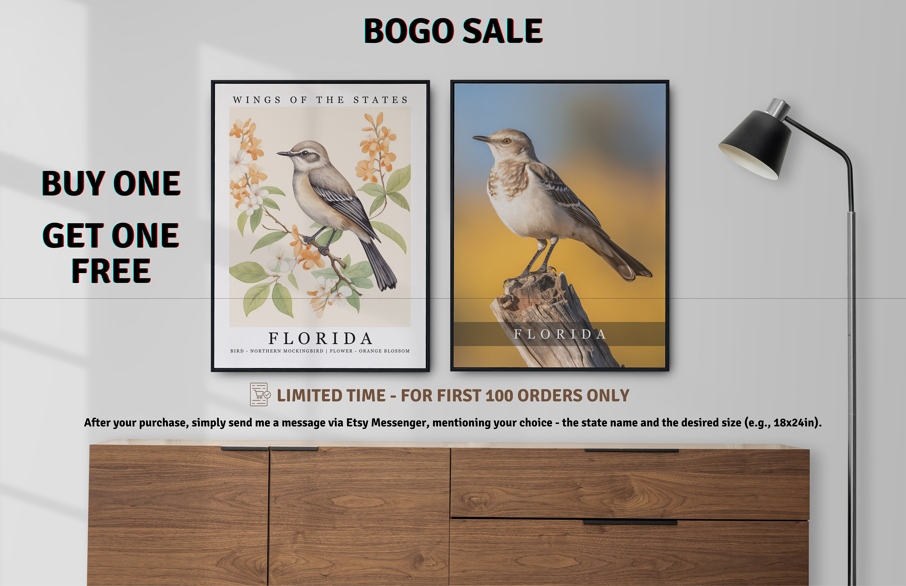 Florida State Bird Northern Mockingbird and State Flower - Etsy