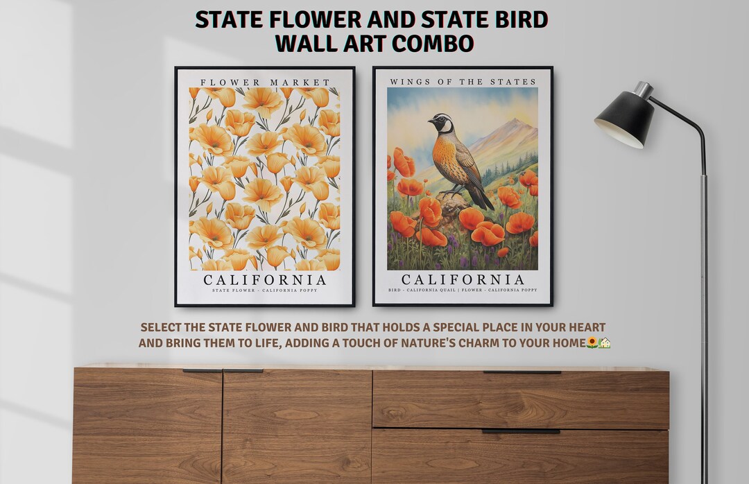 State Flowers and State Birds Wall Art Combo, Wooden Frame, Premium ...