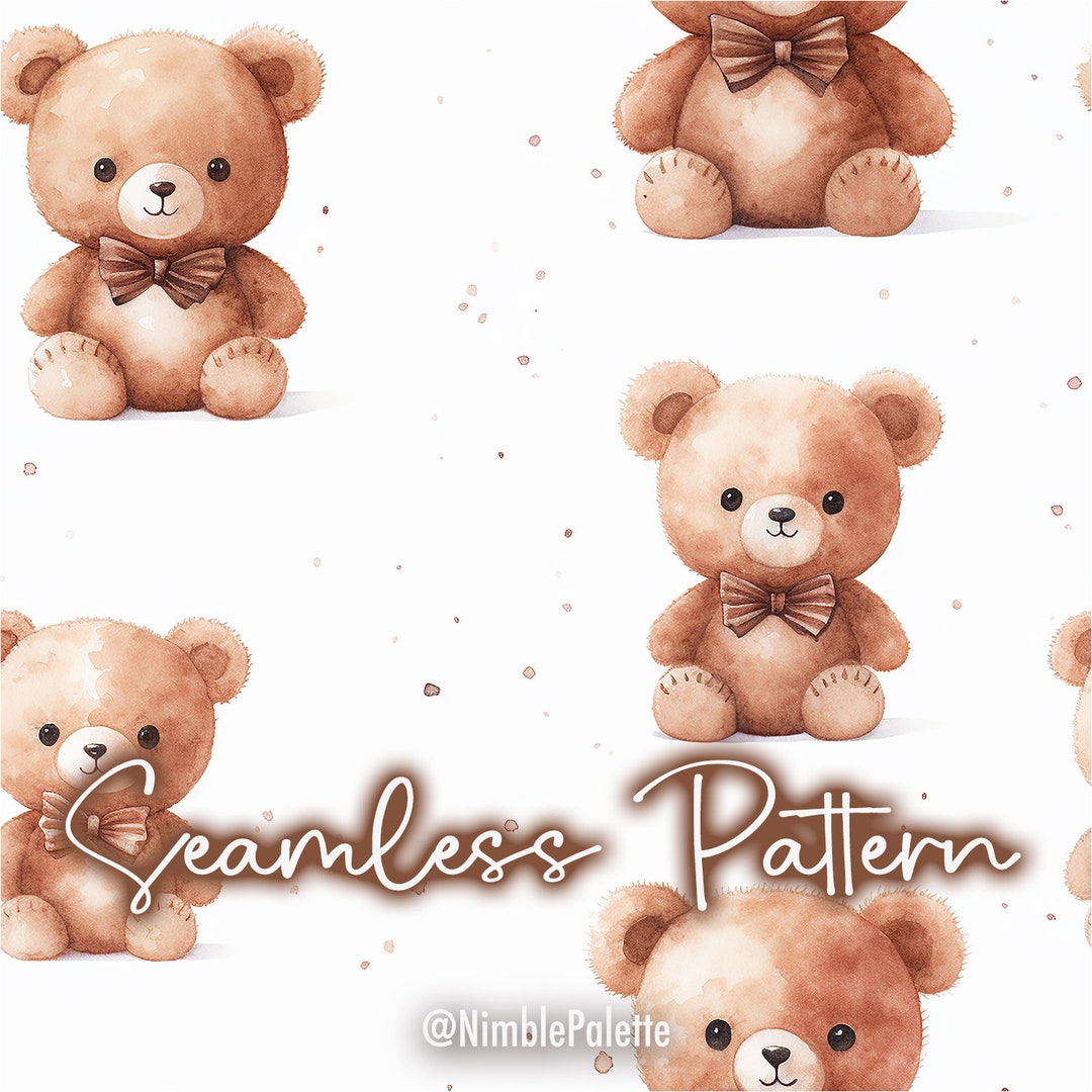 Printable Watercolor Teddy Bear Seamless Patterns, Pink and Blue Hearts ...