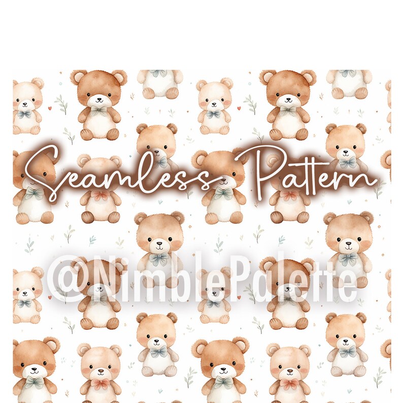 Printable Watercolor Teddy Bear Seamless Patterns, Pink and Blue Hearts ...
