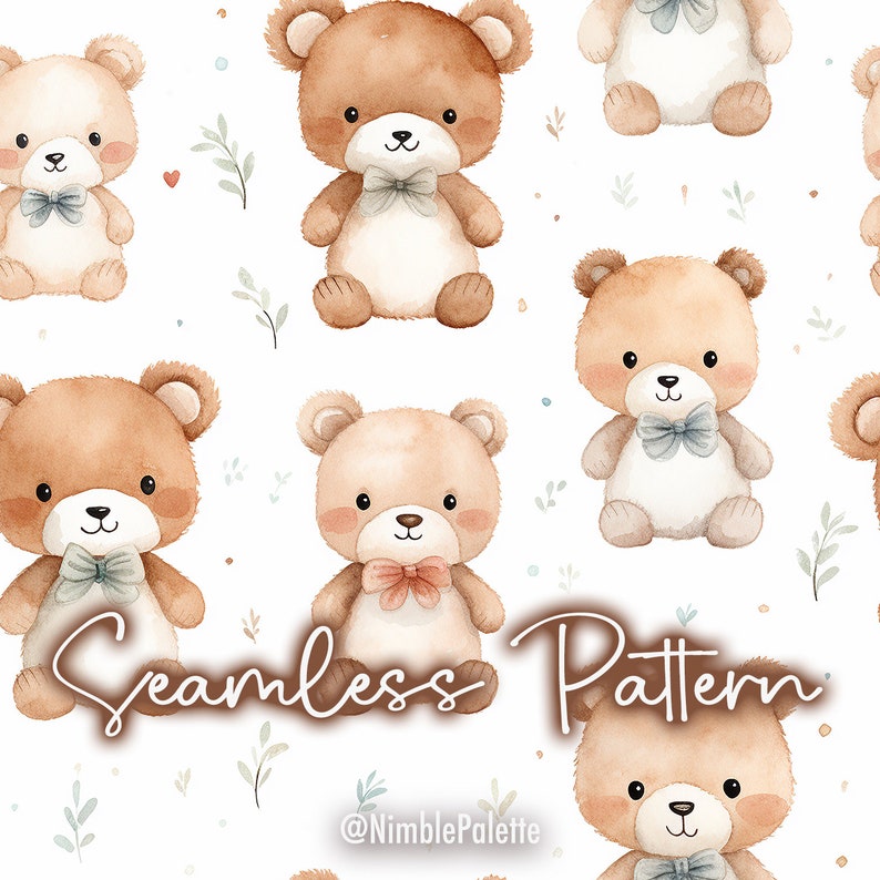 Printable Watercolor Teddy Bear Seamless Patterns, Pink and Blue Hearts, Wallpaper Patterns for ...