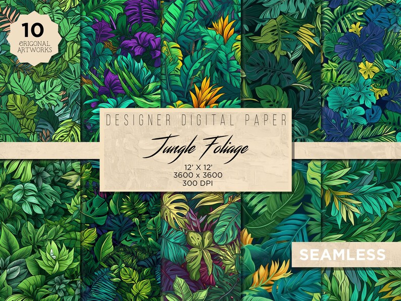 Jungle Foliage 10 Seamless Patterns Digital Paper Illustrated Jungle ...