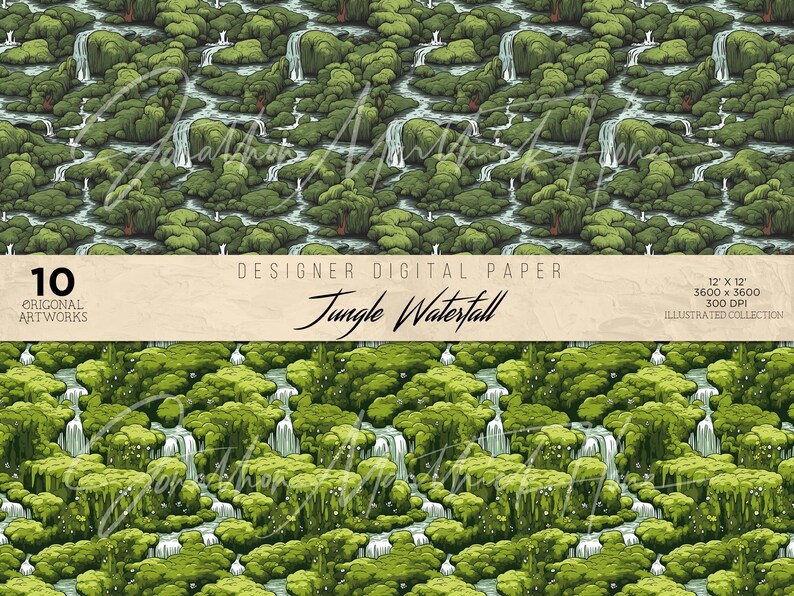 Jungle Waterfall 10 Seamless Patterns Digital Paper Illustrated Jungle ...