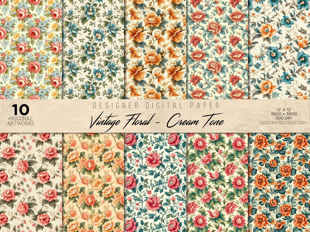 Vintage Floral - Cream | 10 Seamless Prints Floral Seamless Pattern ...