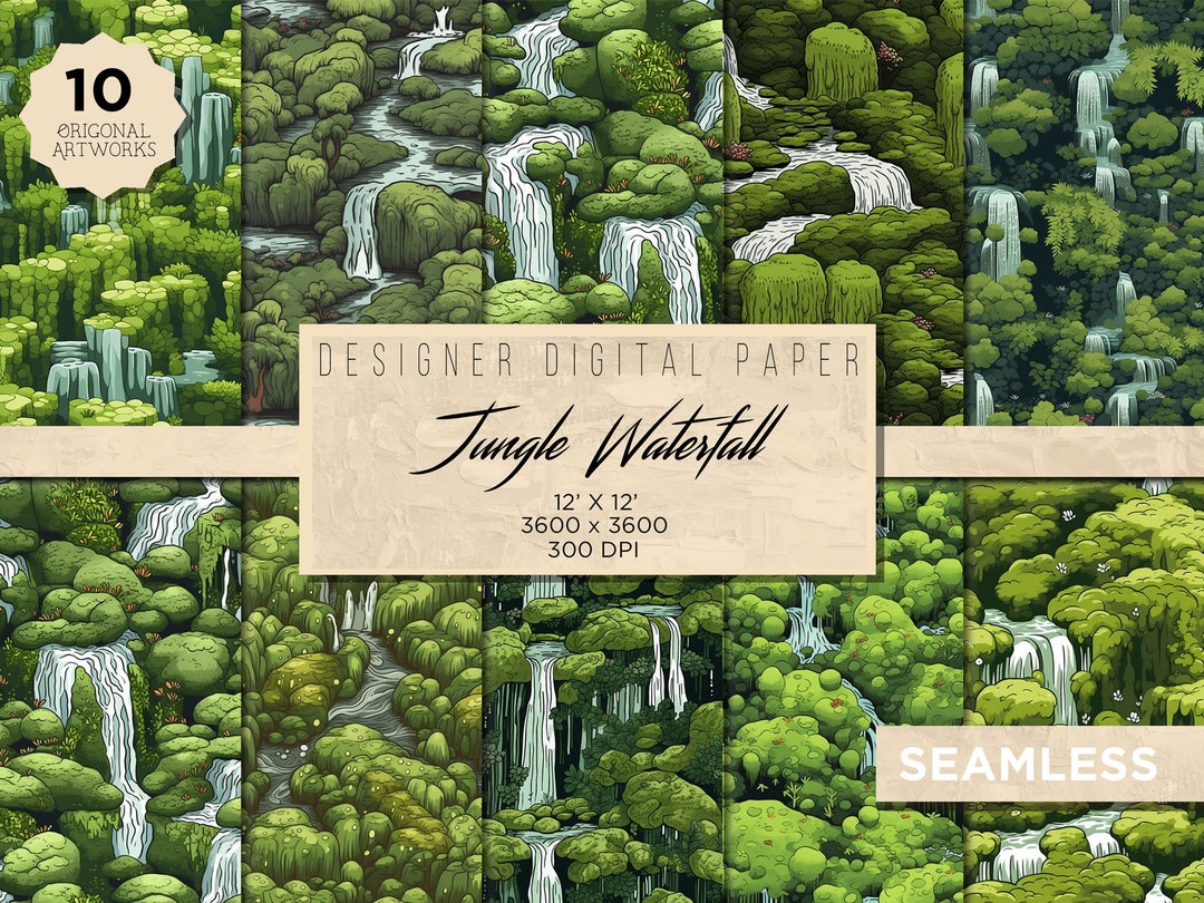 Jungle Waterfall 10 Seamless Patterns Digital Paper Illustrated Jungle ...