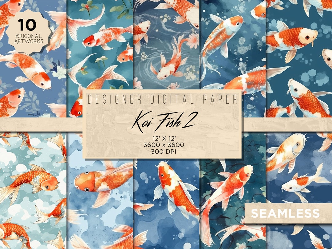 Koi Fish - Light Blue Tone | 10 Seamless Prints, Digital Paper, Japanese Koi, Repeating Pattern ...