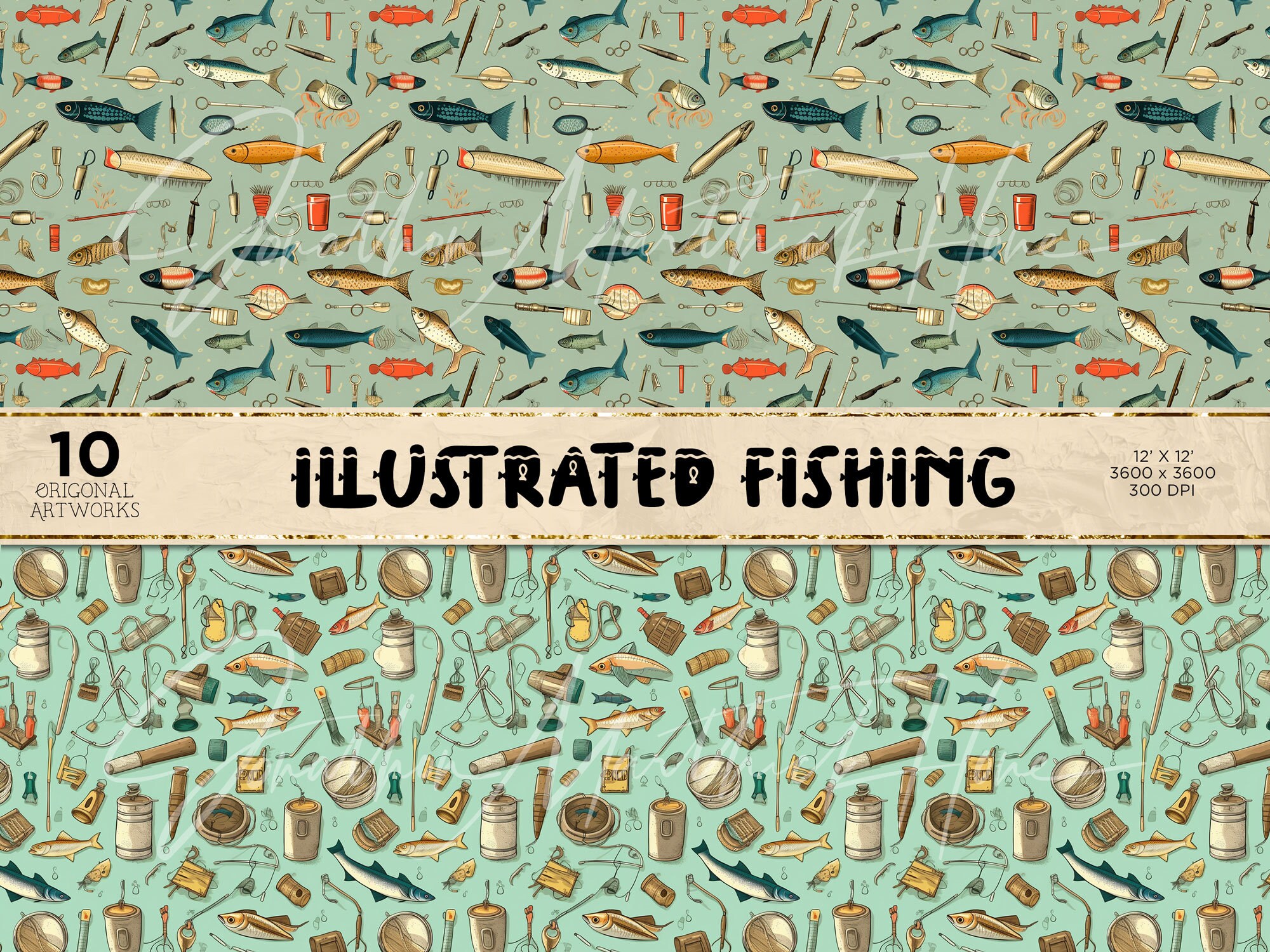 10 Illustrated Fishing Theme | Fishing Seamless Fishing Digital Paper ...