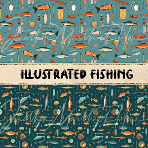 10 Illustrated Fishing Theme | Fishing Seamless Fishing Digital Paper ...