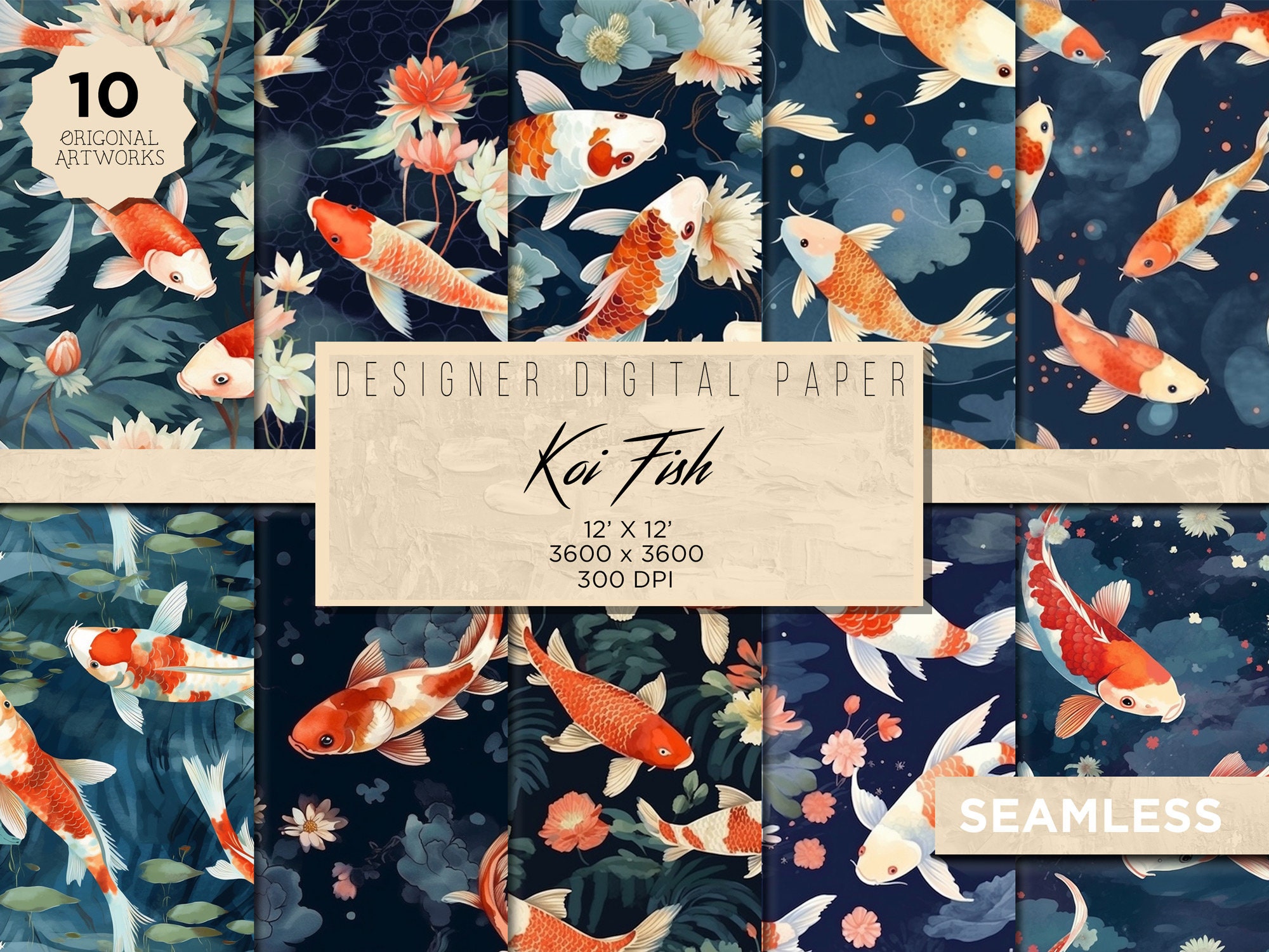 Koi Fish - Dark Tone | 10 Seamless Prints, Digital Paper, Japanese Koi ...