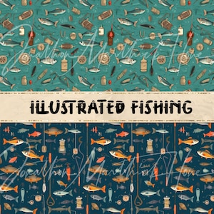 10 Illustrated Fishing Theme | Fishing Seamless Fishing Digital Paper ...