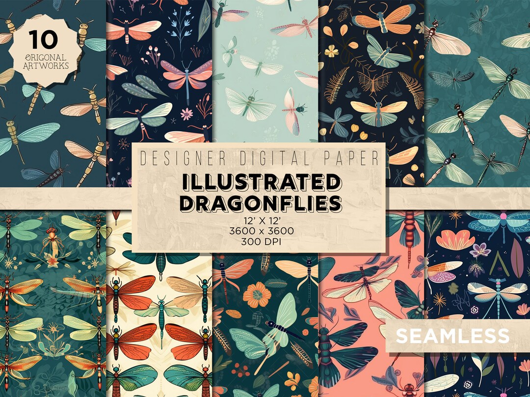 10 Illustrated Dragonflies | Dragonfly Patterns Seamless Dragonflies ...
