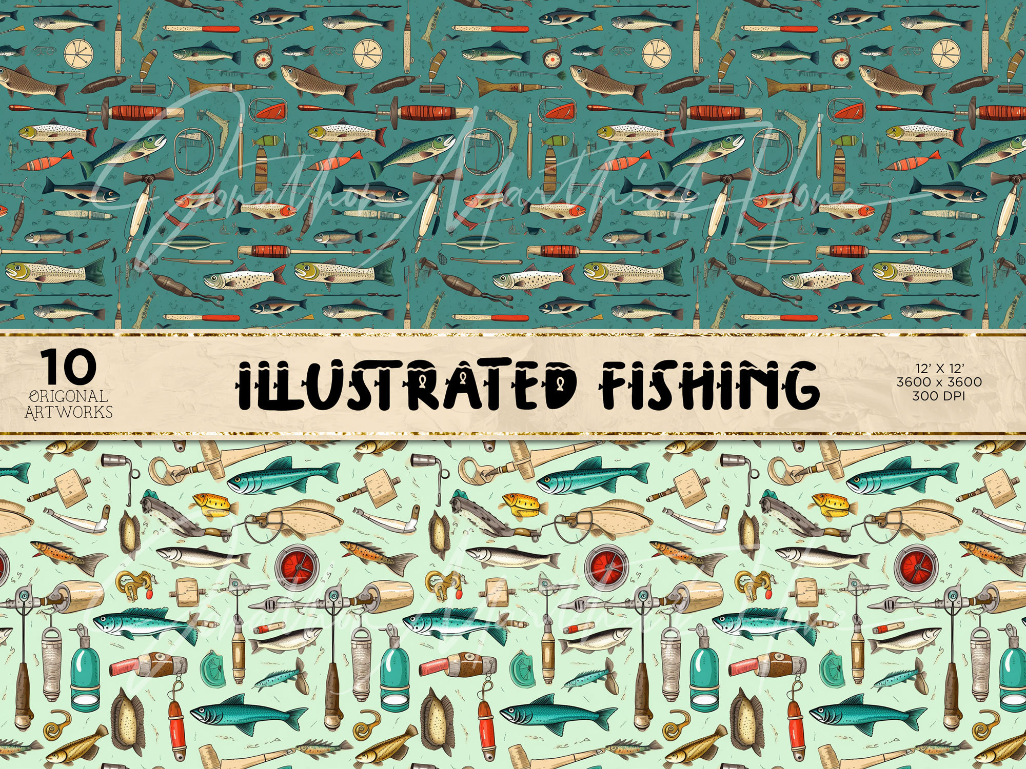 10 Illustrated Fishing Theme | Fishing Seamless Fishing Digital Paper ...