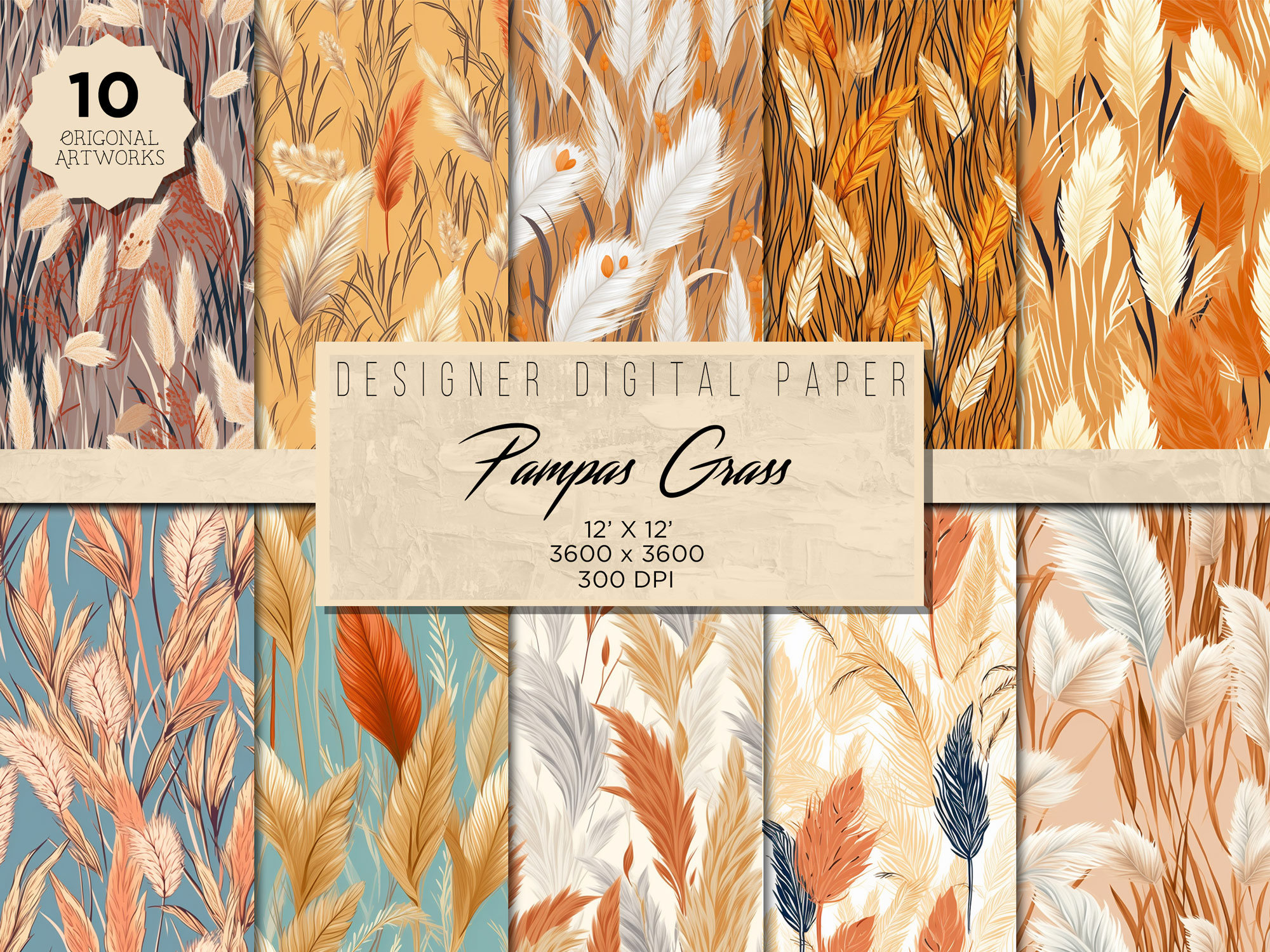 Pampas Grass | 10 Seamless Prints Digital Paper Illustrated Pampas ...