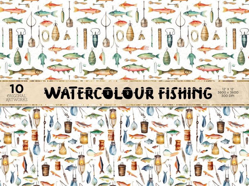 10 Watercolour Fishing Theme | Fishing Seamless Fishing Digital Paper ...