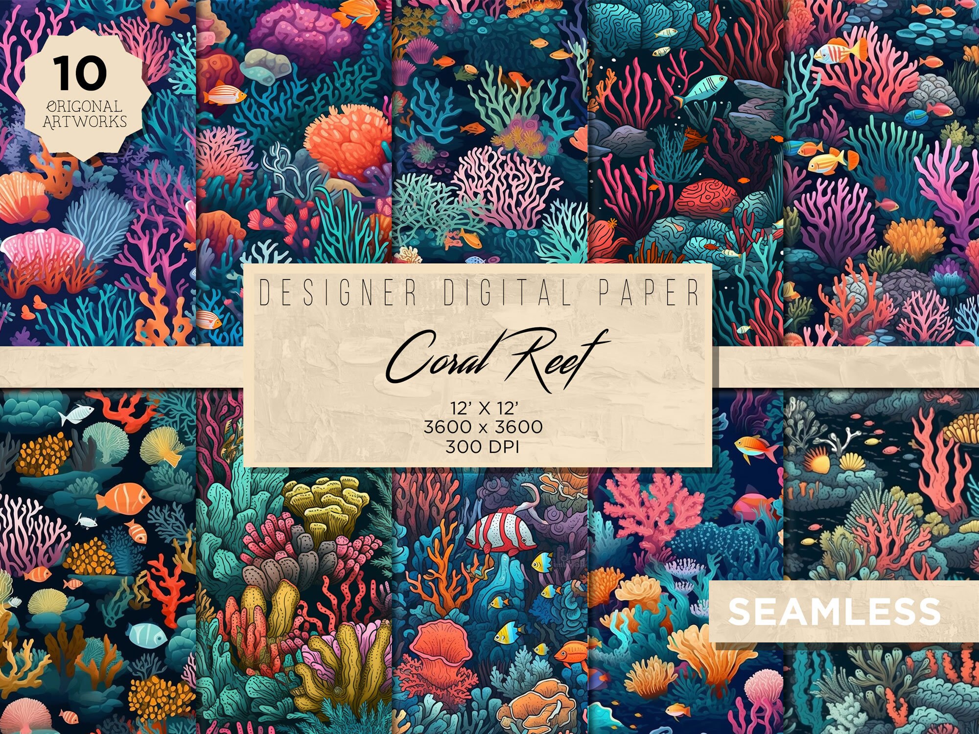 Coral Reef 10 Seamless Patterns Digital Paper Illustrated Coral ...