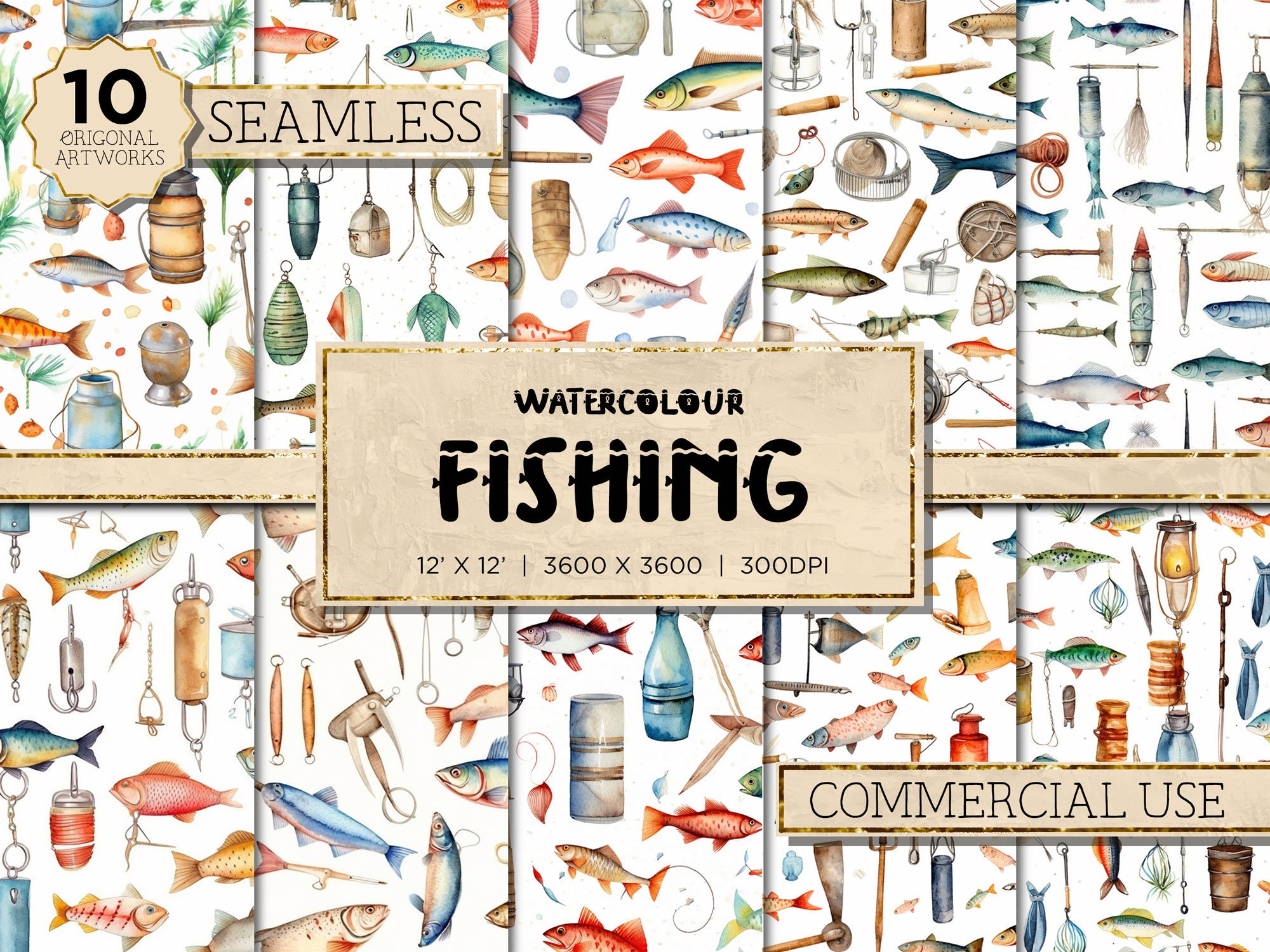 10 Watercolour Fishing Theme | Fishing Seamless Fishing Digital Paper ...