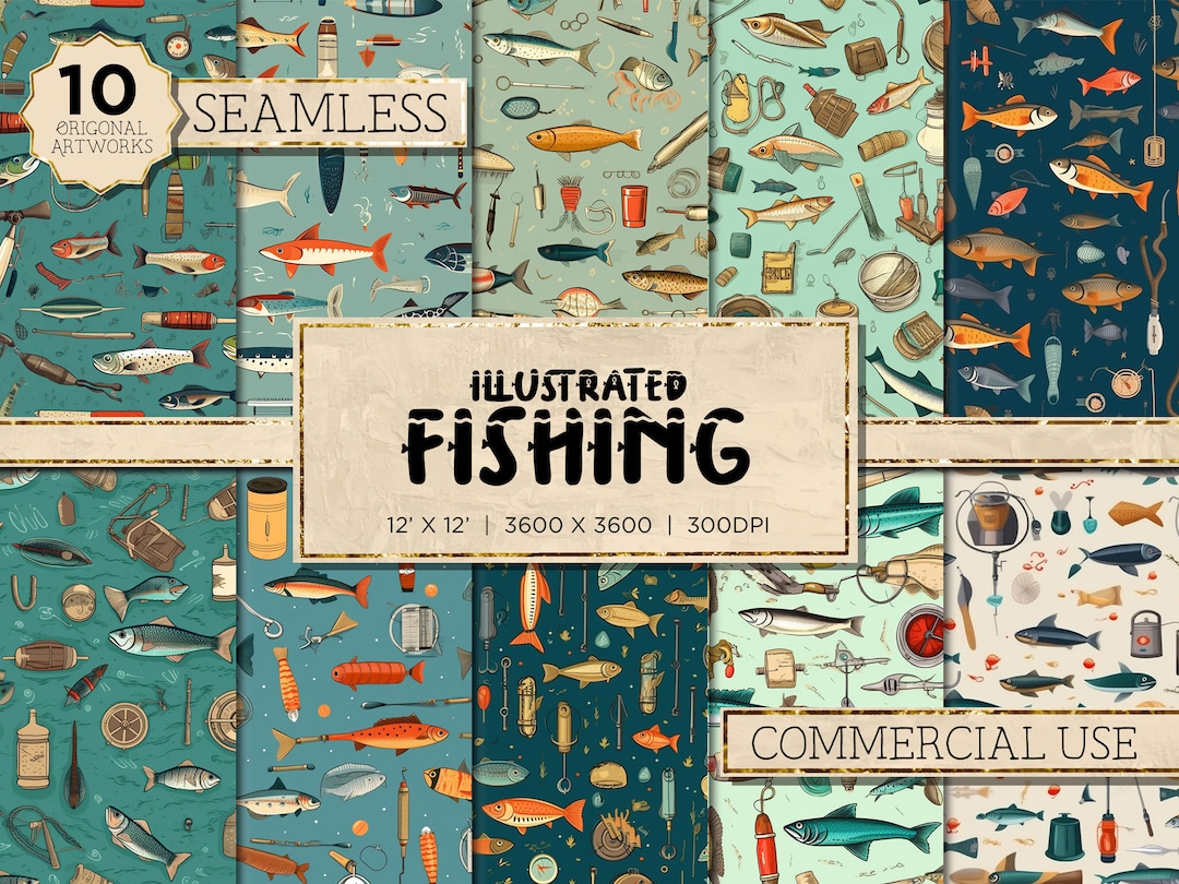 10 Illustrated Fishing Theme | Fishing Seamless Fishing Digital Paper ...