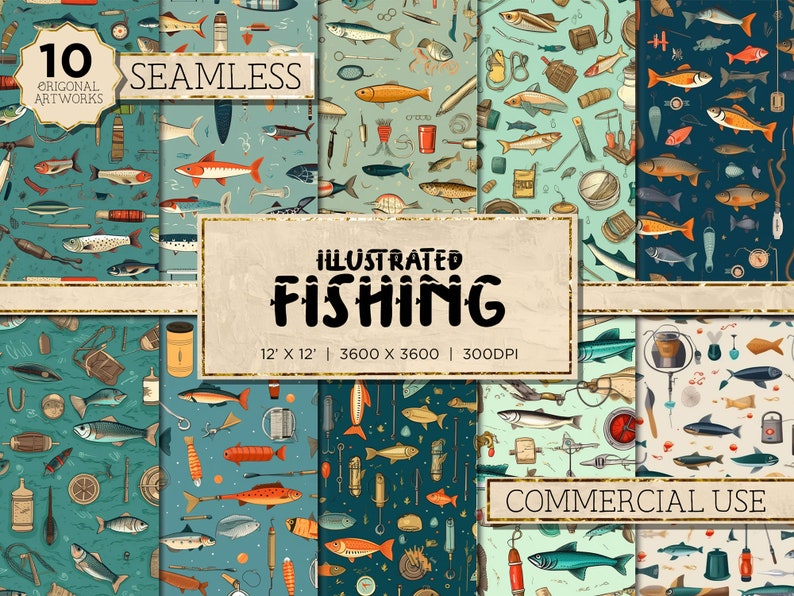 10 Illustrated Fishing Theme | Fishing Seamless Fishing Digital Paper ...