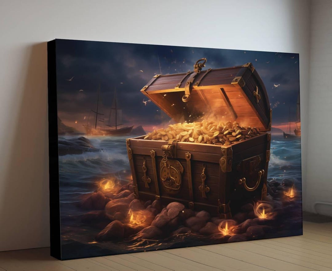 Pirate Treasure Chest Canvas Art, Gold Coins Beach Print, Nautical ...