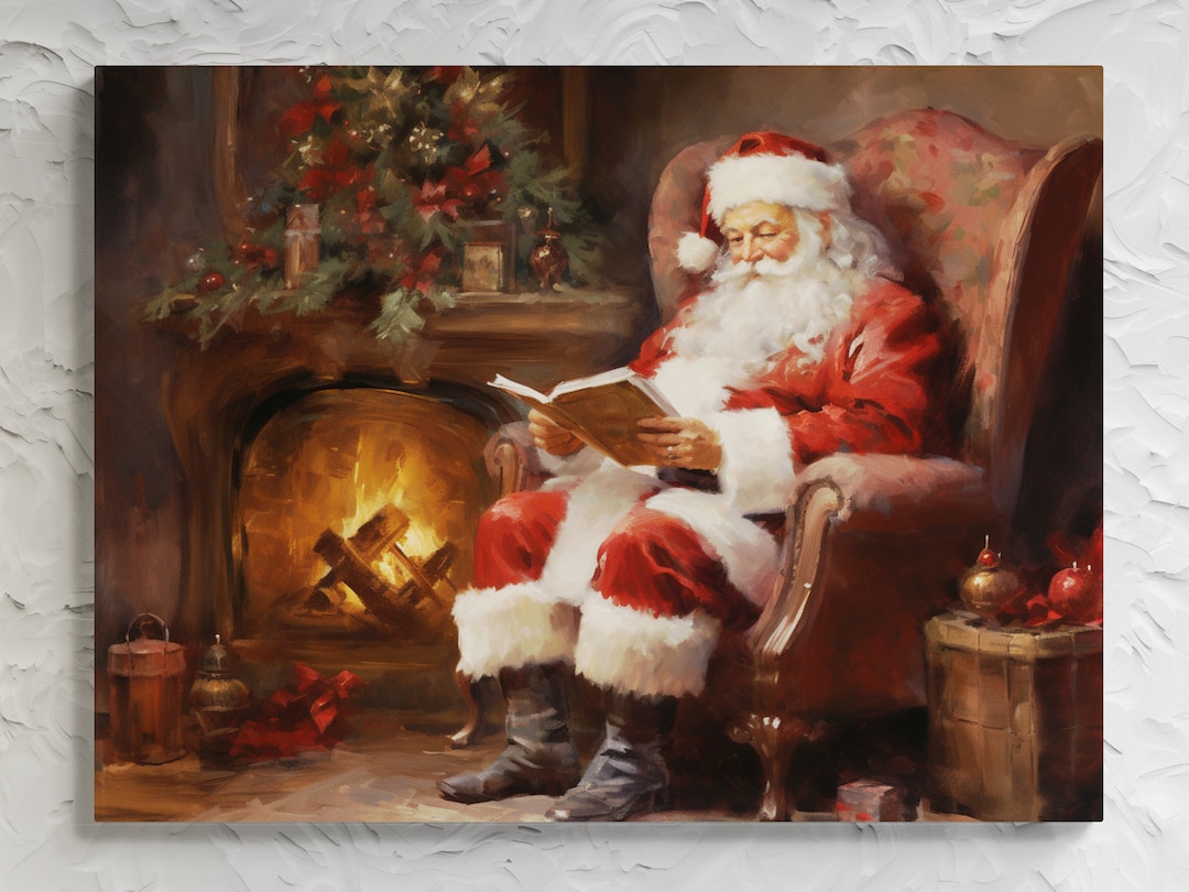Santa Reading by the Fireplace Canvas Print - Cozy Christmas Scene ...