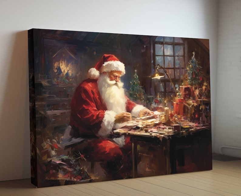 Vintage Santa Claus Canvas Print, Christmas Eve Planning Scene, Festive Workshop Art, Holiday ...