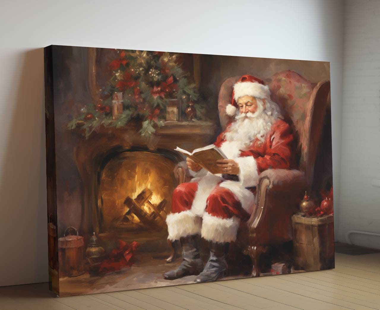 Santa Reading by the Fireplace Canvas Print Cozy Christmas Scene Canvas ...