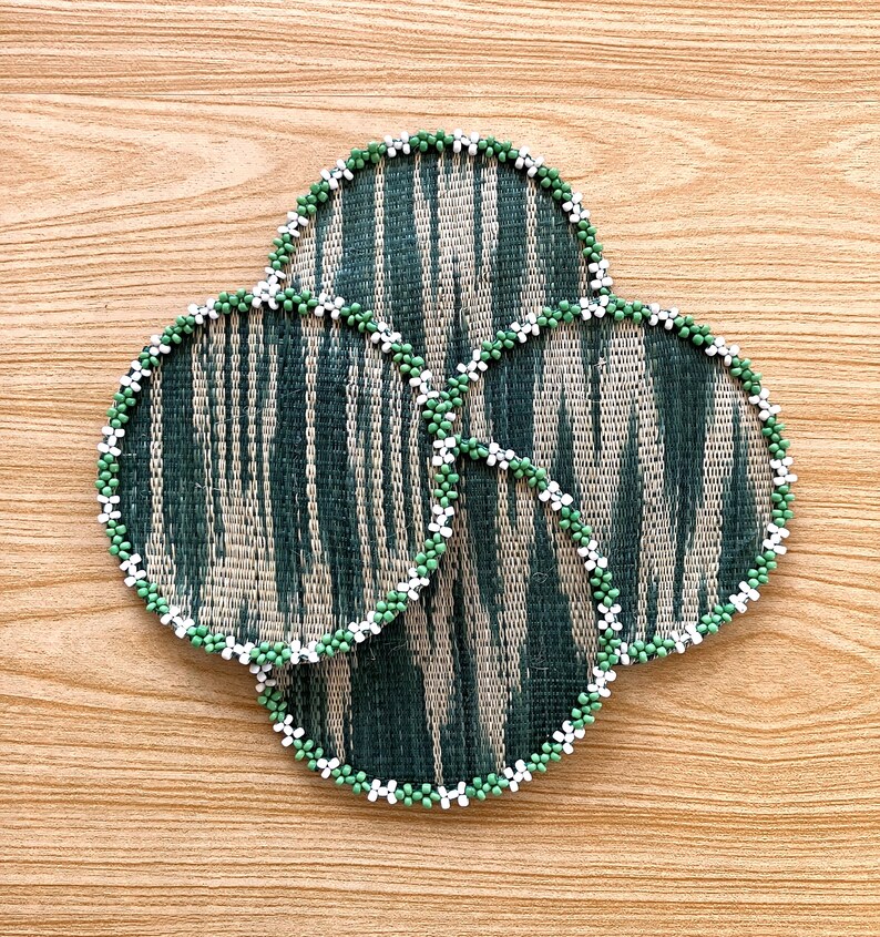 Set of 4 Abaca Coasters, Handwoven Beaded Coasters, Ikat Coasters ...