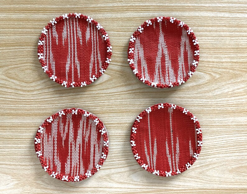 Set of 4 Abaca Coasters, Handwoven Beaded Coasters, Ikat Coasters ...