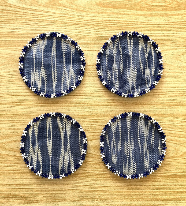 Set of 4 Abaca Coasters, Handwoven Beaded Coasters, Ikat Coasters ...
