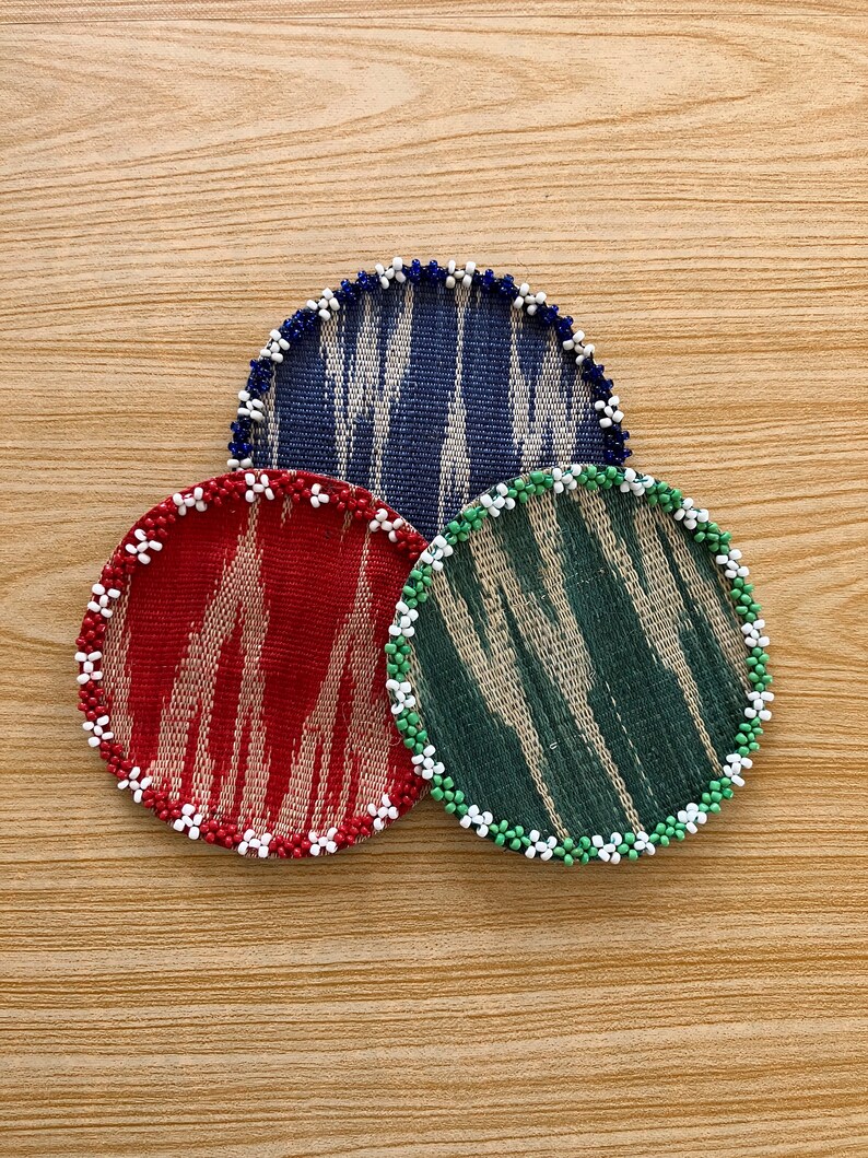 Set of 4 Abaca Coasters, Handwoven Beaded Coasters, Ikat Coasters ...