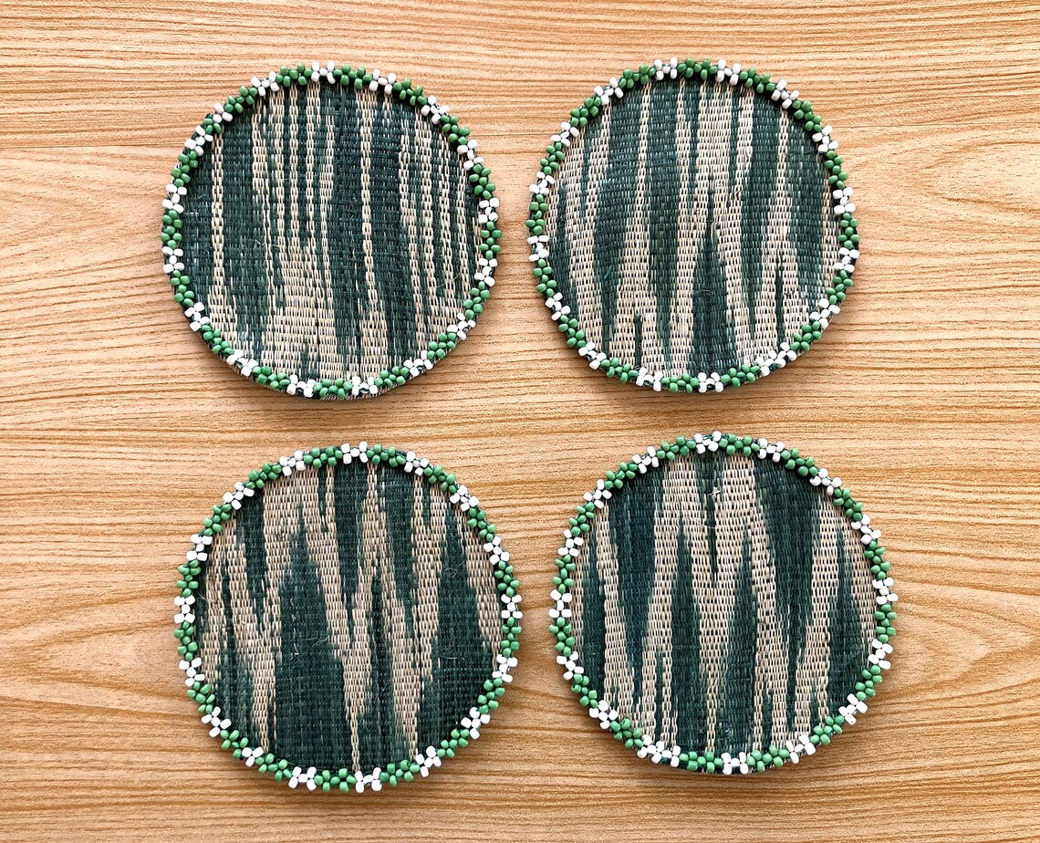 Set of 4 Abaca Coasters, Handwoven Beaded Coasters, Ikat Coasters ...