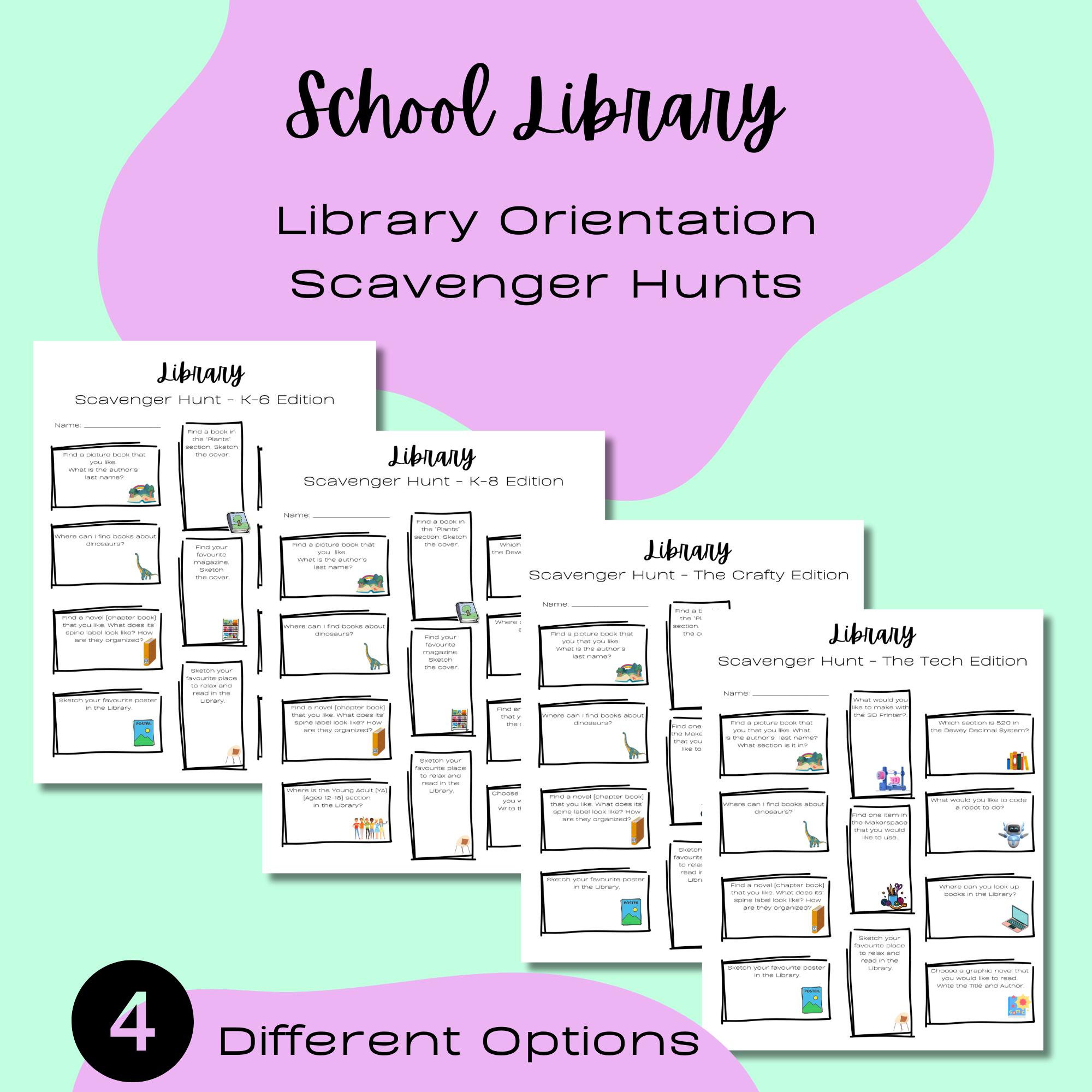 School Library Scavenger Hunt Printables | 4 Different Orientation ...