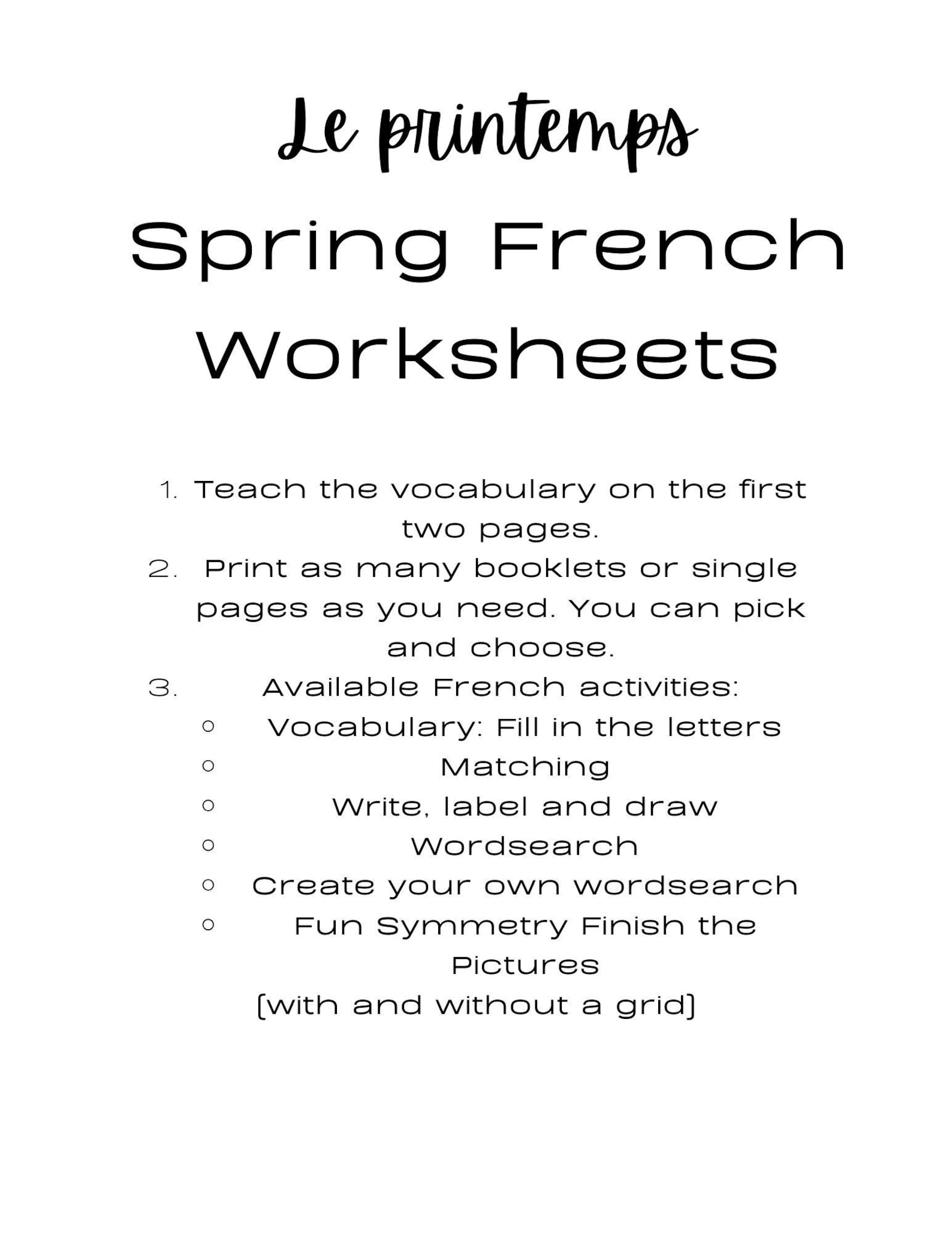 Le Printemps: No-prep French Spring Activities – Printable Worksheets ...