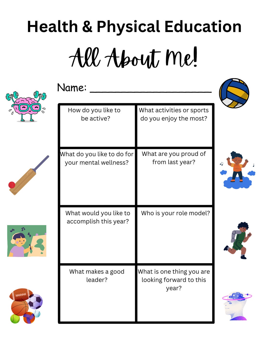 Health & Physical Education All About Me Worksheet | Back to School PE ...