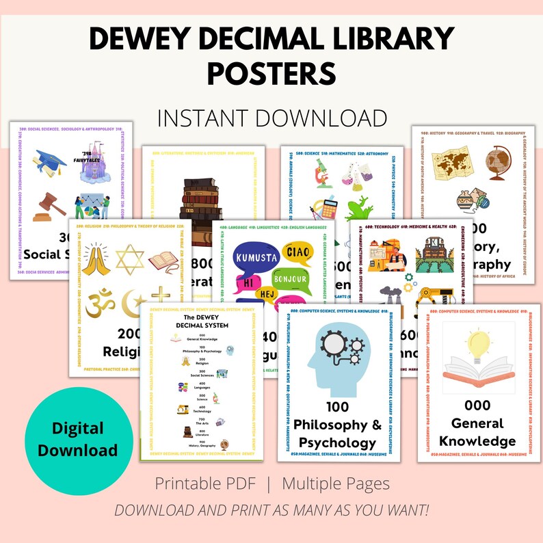 Dewey Decimal Library Signs Digital Printable School Library Decor ...