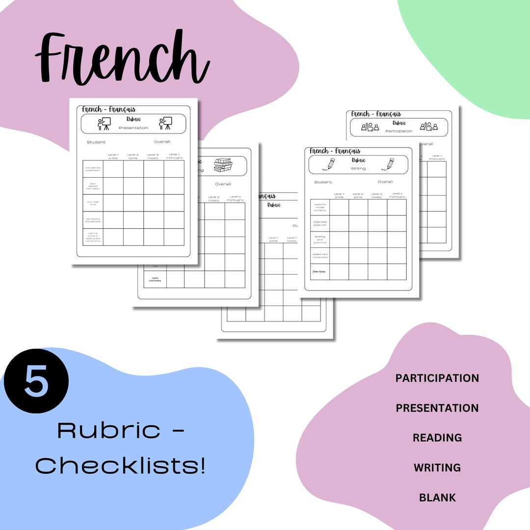 French Rubric Checklists | Participation, Presentation, Reading ...