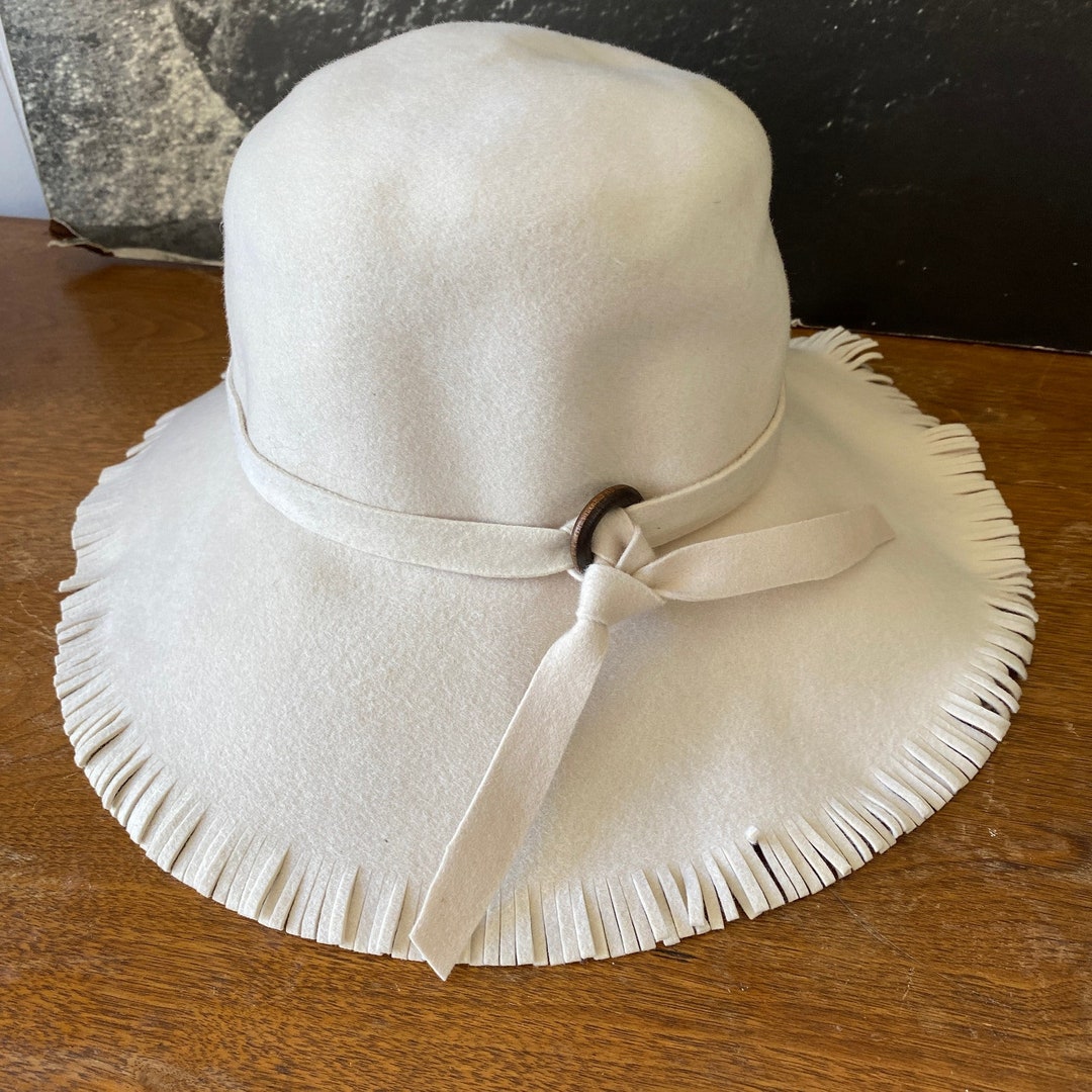 Vintage Cream Felted Sun Hat Wide Brim Fringe Union Made Henry Pollack ...