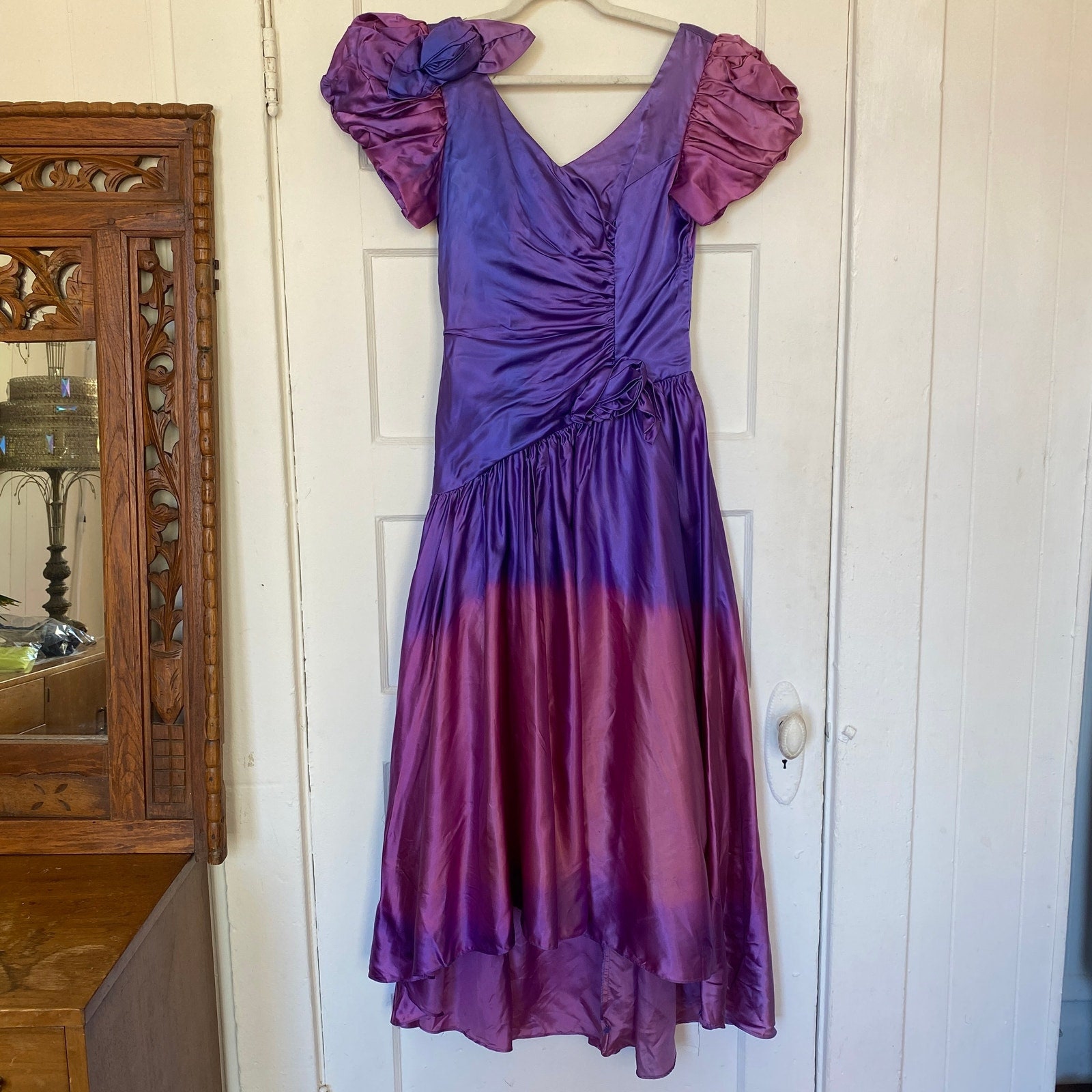 Vintage 80s Pink Purple Prom Dress Chappell Roan Puff Sleeve Satiny ...