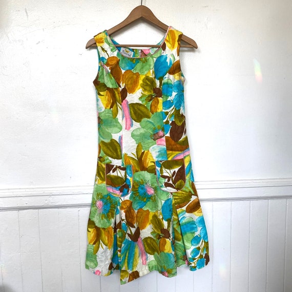 Vintage 1960s Flutterbye Green Blue Floral Tank Mini… - Gem