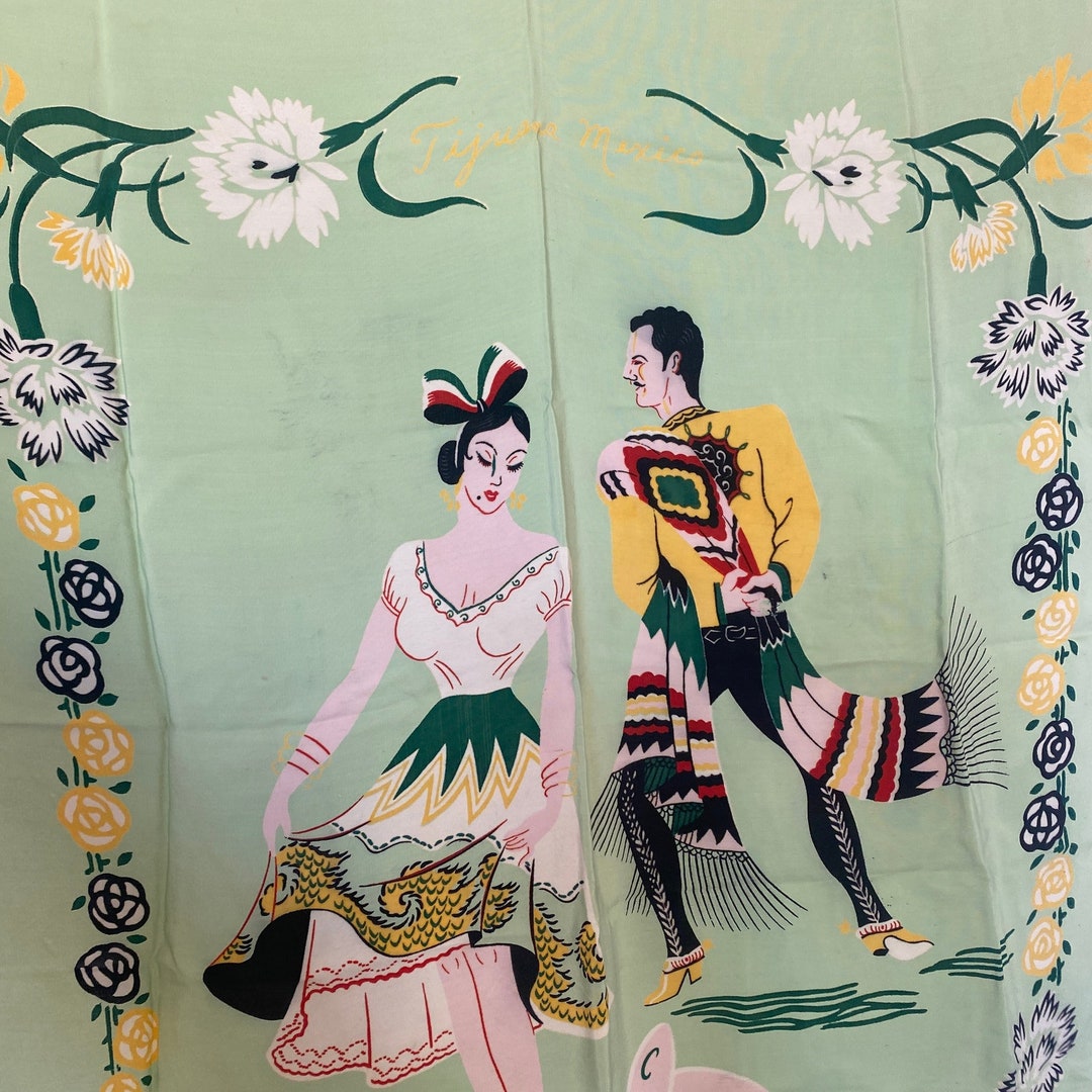 Vintage Travel Scarf Mexico El Jarabe Tapatio Hat Dance Mint Green ...